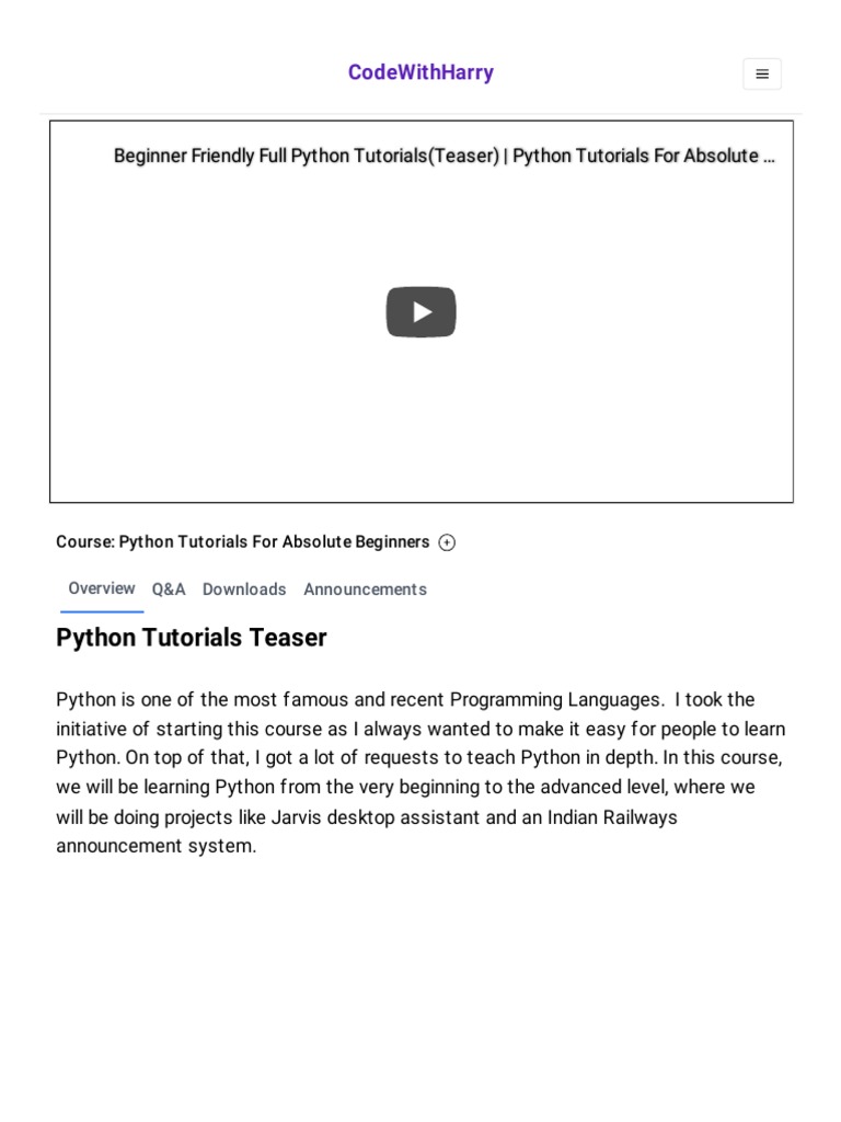 Python Tutorials Teaser Codewithharry Pdf