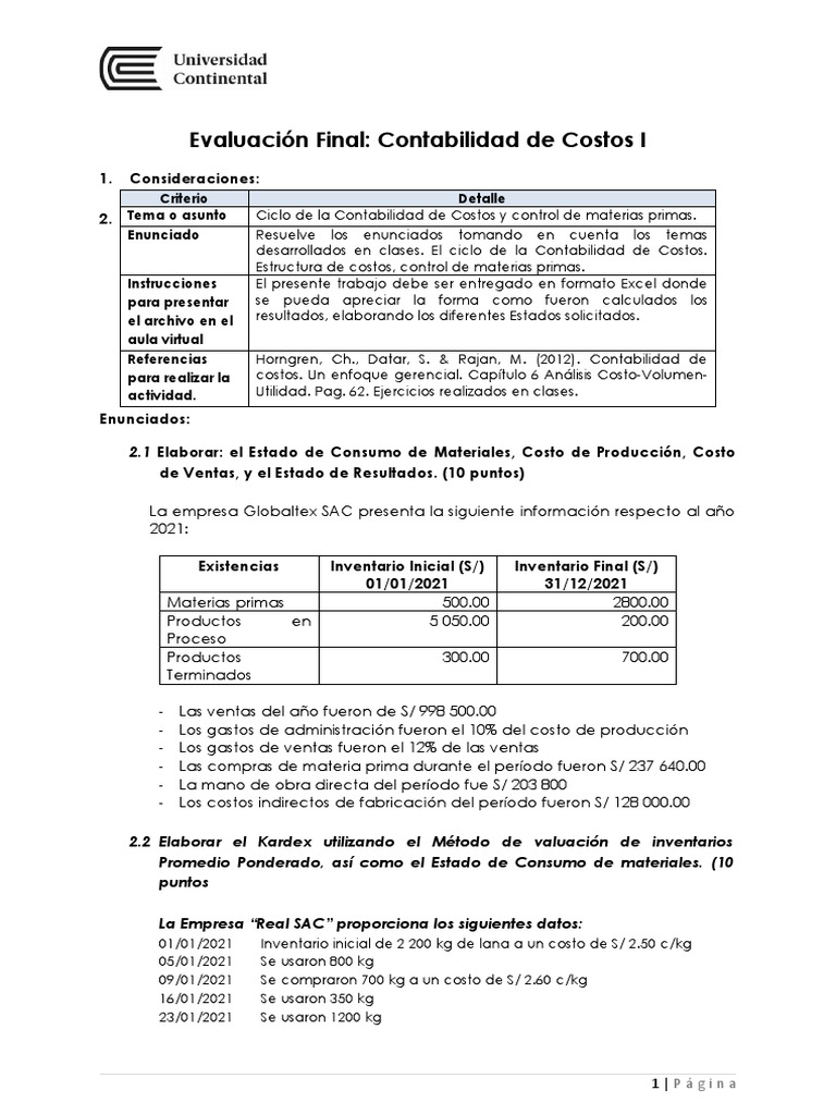 Evaluación Final - Contabilidad de Costos I | PDF | Contabilidad de costos | Costo