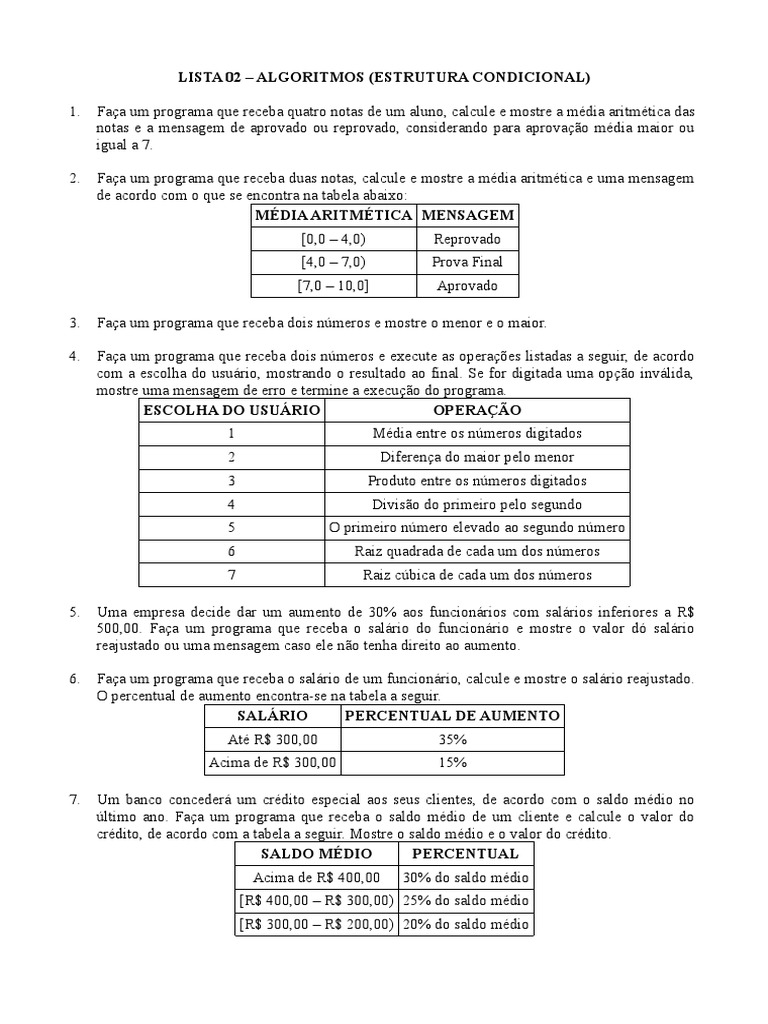 Lista 02 - Algoritmos com estruturas condicionais: exercícios de ...