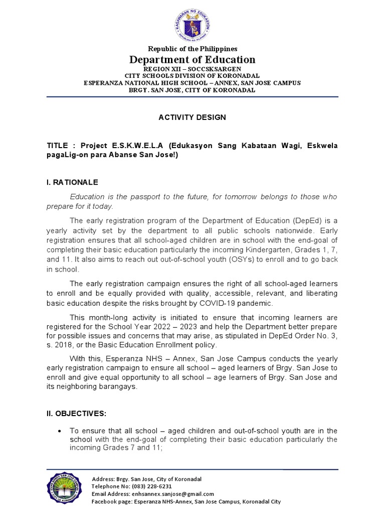 Activity Design - Enrollment Sy 2022 - 2023 | PDF