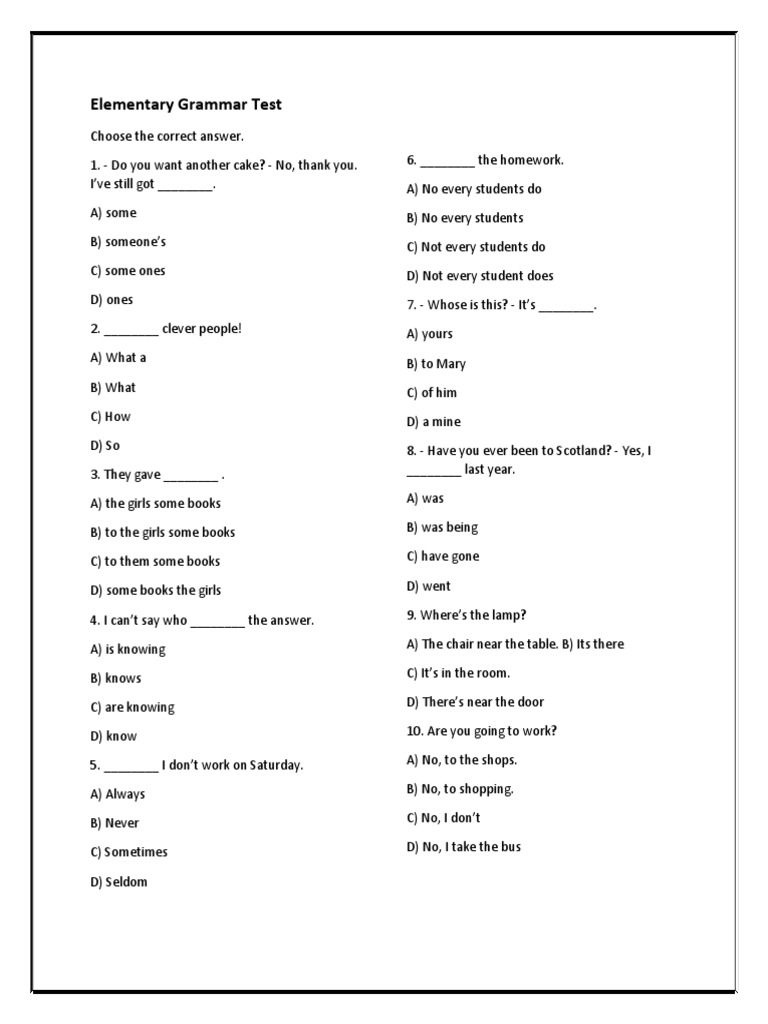 Elementary Grammar Test Questions | PDF