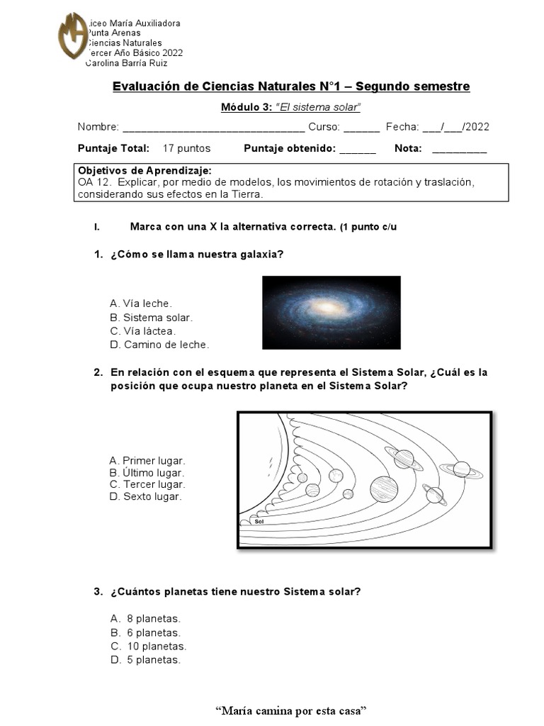 Evaluación Del Sistema Solar 3° Básico | PDF | Planetas | Luna