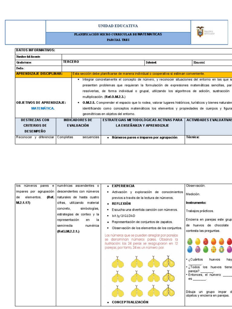 Planificación de la unidad didáctica de Matemáticas sobre números pares ...