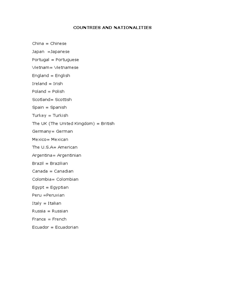 Countries and Nationalities English 1 | PDF