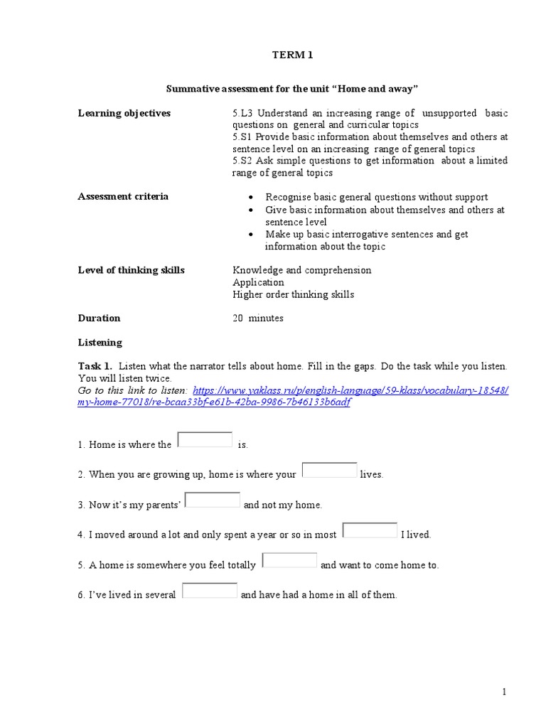 5 Grade Summative Assessment For The Unit1 | PDF | Question | Learning