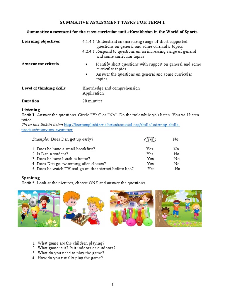 Summative Assessment Tasks for Term 1: Listening and Speaking ...