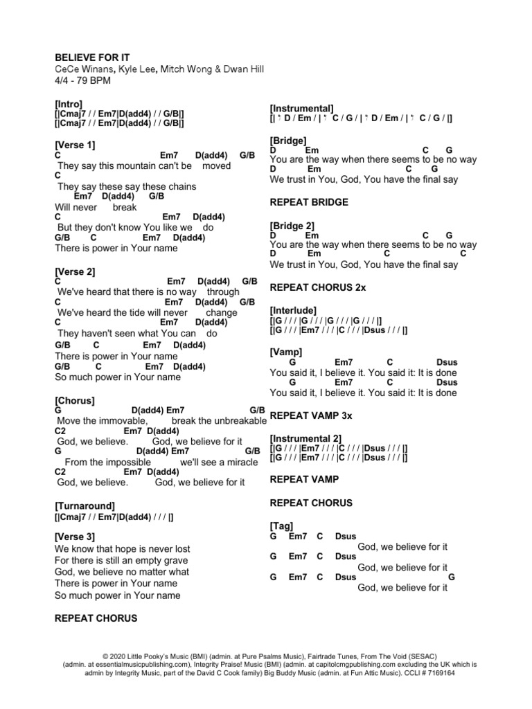 CeCe Winans - Believe For It - (Revised) Chord Chart | PDF | Song ...