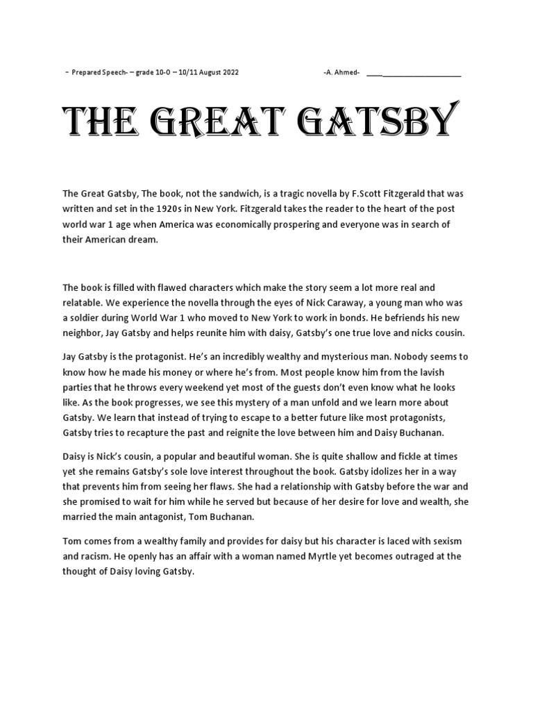 Great Gatsby Book Review Speech | PDF | The Great Gatsby