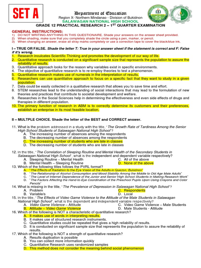 Grade 12 Practical Research 2 Exam | PDF | Statistics | Quantitative ...