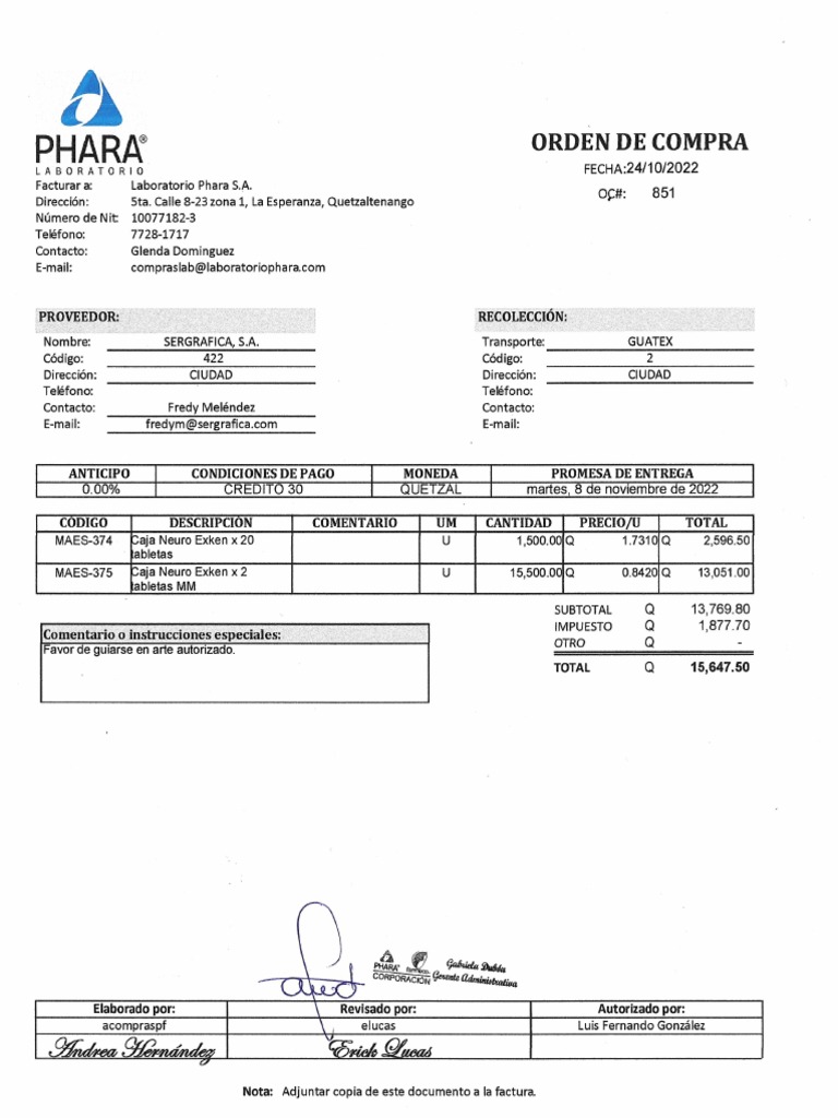 Orden de Compra No. 851 Laboratorio Phara - Caja Neuro Exken X 20 Tabs ...