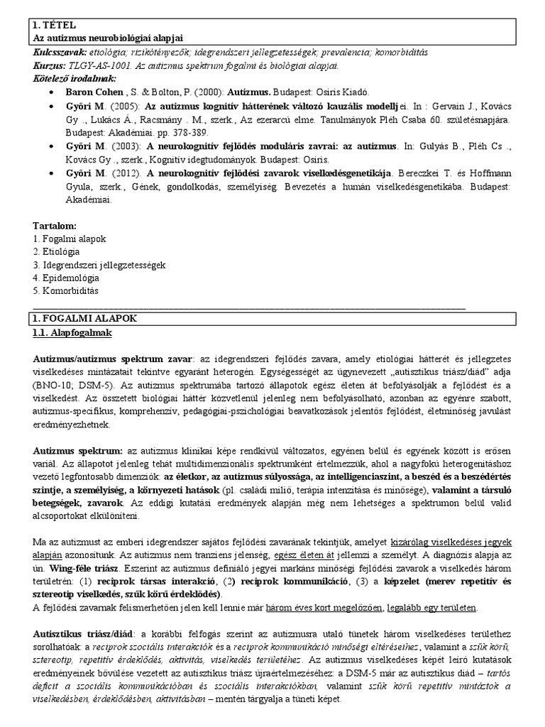 Az Autizmus Neurobiológiai Alapjai Jegyzet | PDF