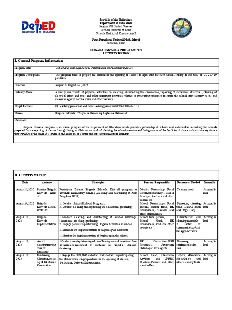 Activity Matrix For Brigada Eskwela 2022 | PDF