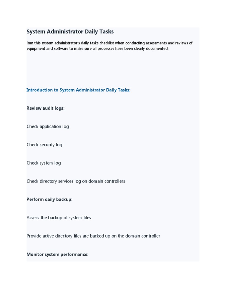 System Administrator Daily Tasks | PDF