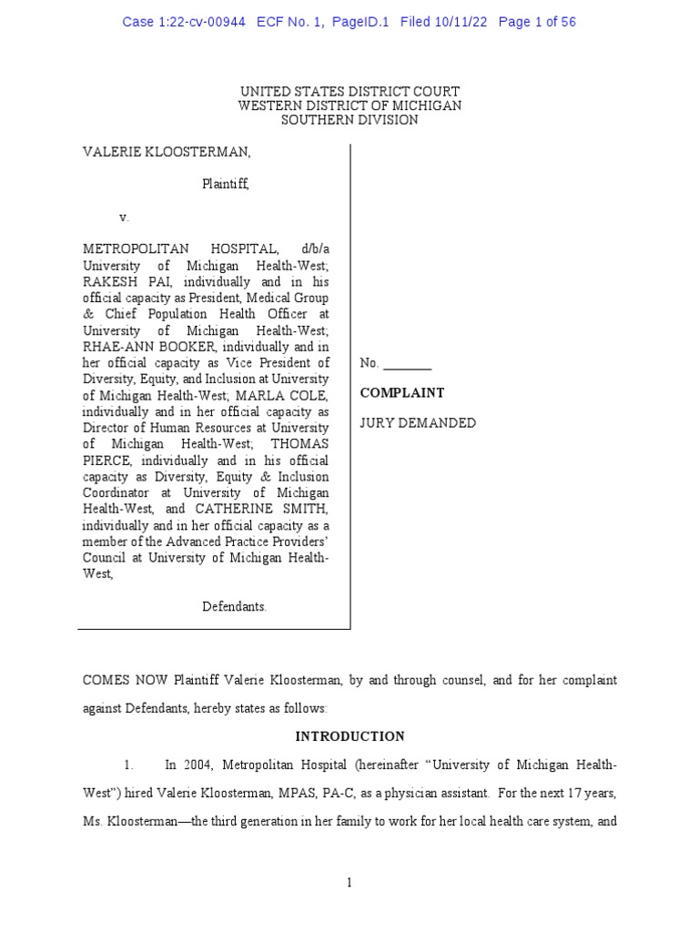 Kloosterman vs. University of Michigan Health-West: Religious ...