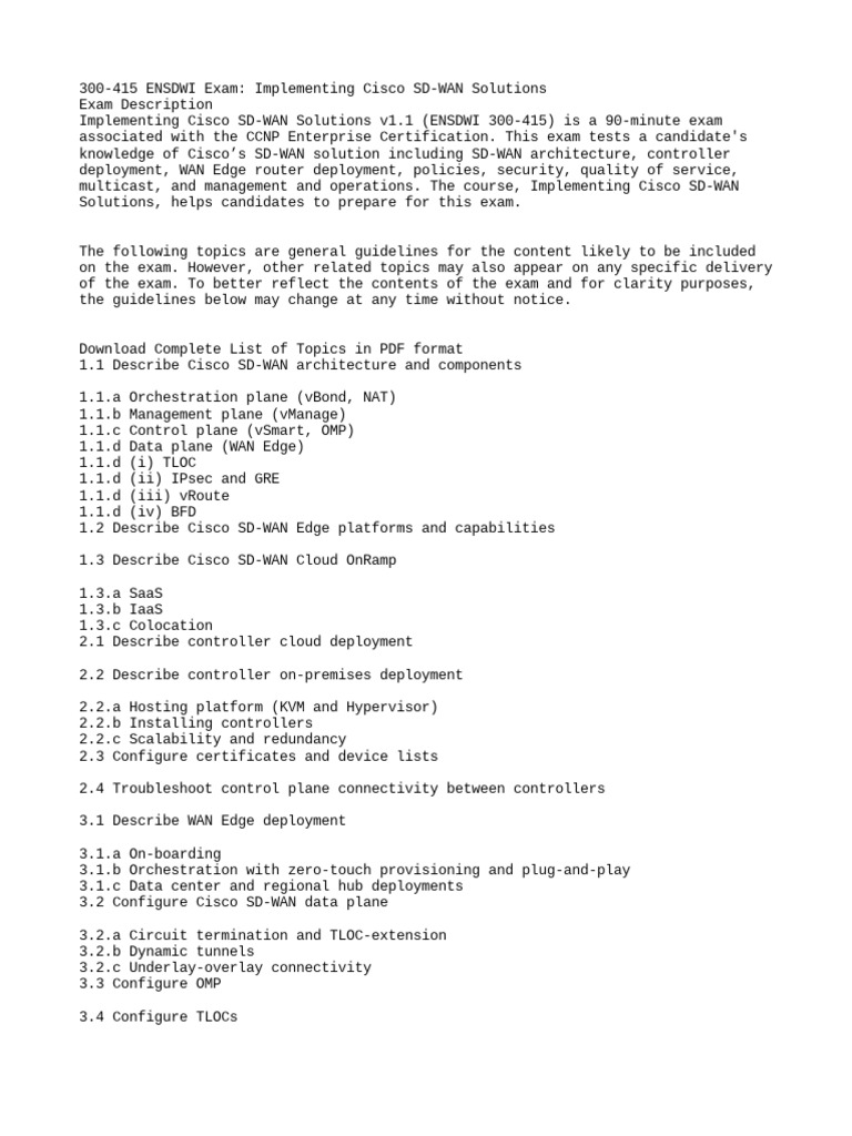 300-415 ENSDWI - Implementing Cisco SD-WAN Solutions | PDF | Cloud Computing | Internet