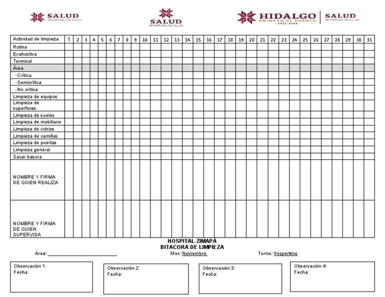 Bitacora de Limpieza | PDF