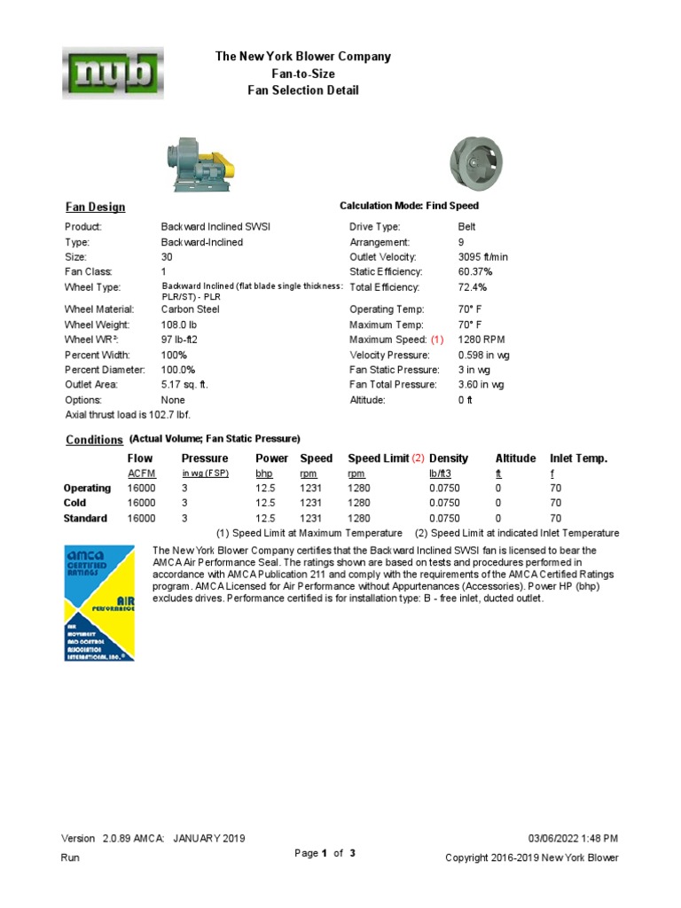 Backward Inclined SWSI Size30 Class1 PLR Arr9 1231rpm 0.0750lbft3 | PDF ...