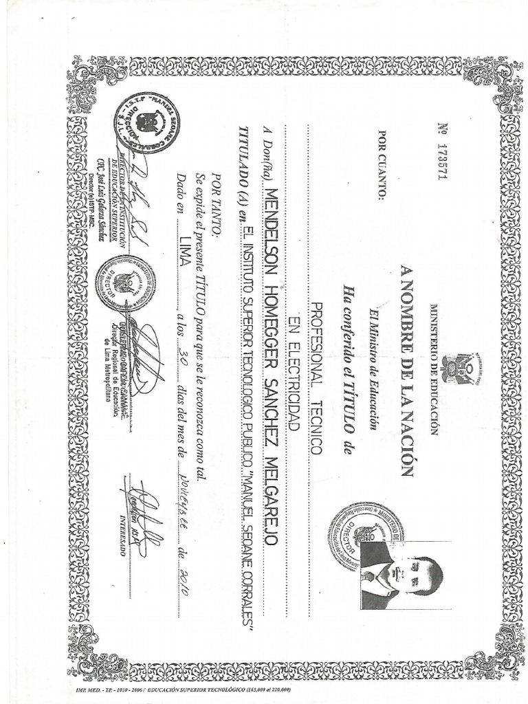 Titulo de Profesional Tecnico en Electricidad Mendelson | PDF
