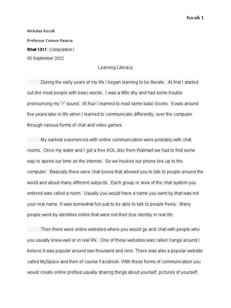 Nickolas Kocsik Literacy Narrative | PDF | Online Chat | Internet Forum