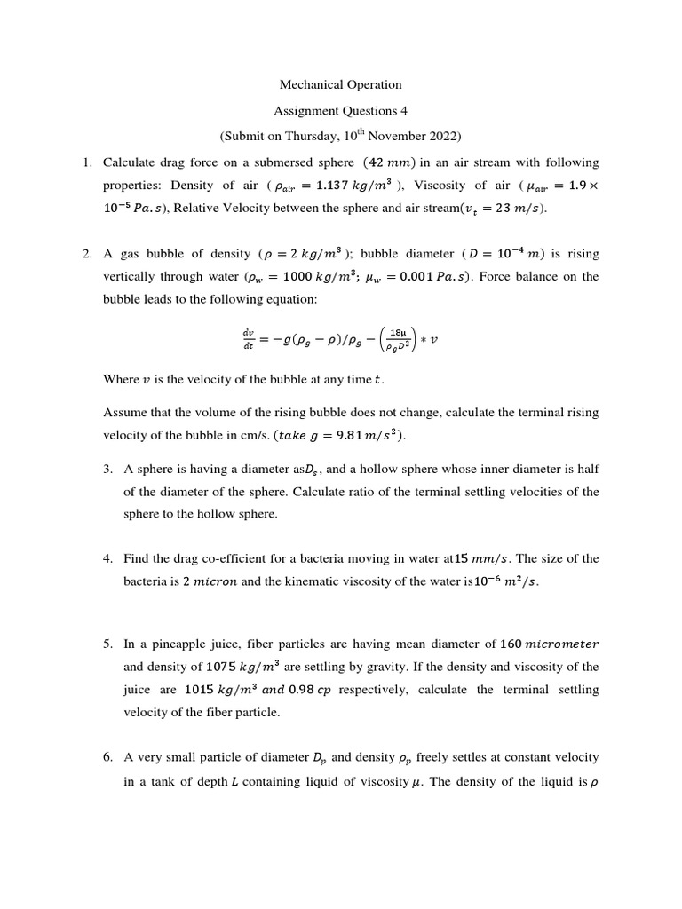 Fluid Dynamics Problem Set | PDF | Viscosity | Drag (Physics)