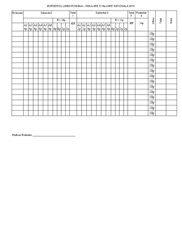 Borderou Evaluare Nationala - Simulare Limba Romana | PDF