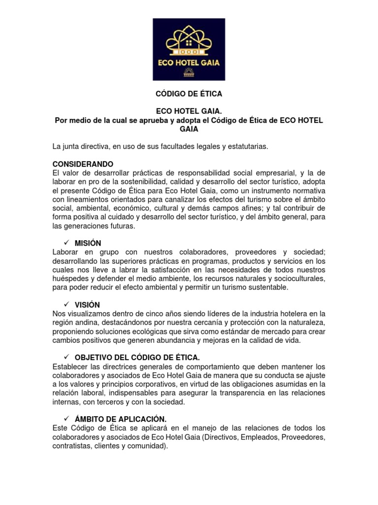 Código de ética que establece los valores y principios de Eco Hotel Gaia para guiar el ...