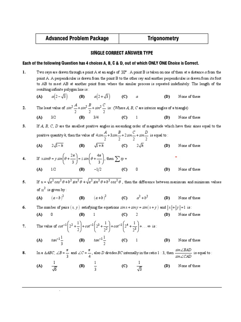 Trigonometry Advanced Worksheet | PDF | Triangle | Elementary Geometry Trigonometry Advanced Worksheet | PDF | Triangle | Elementary Geometry