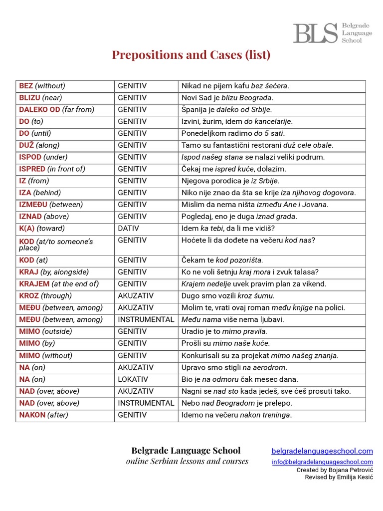 Serbian Prepositions and Cases Guide | PDF