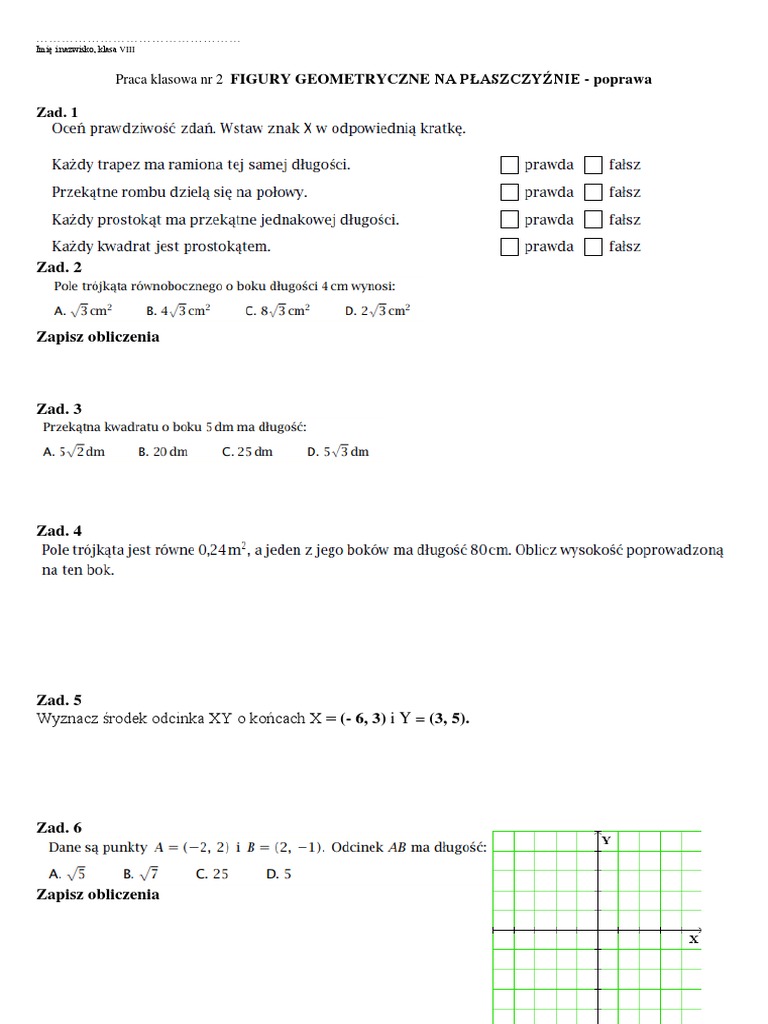 PR - Klasowa. Kl.8.figury Na Płaszczyźnie, Poprawa | PDF
