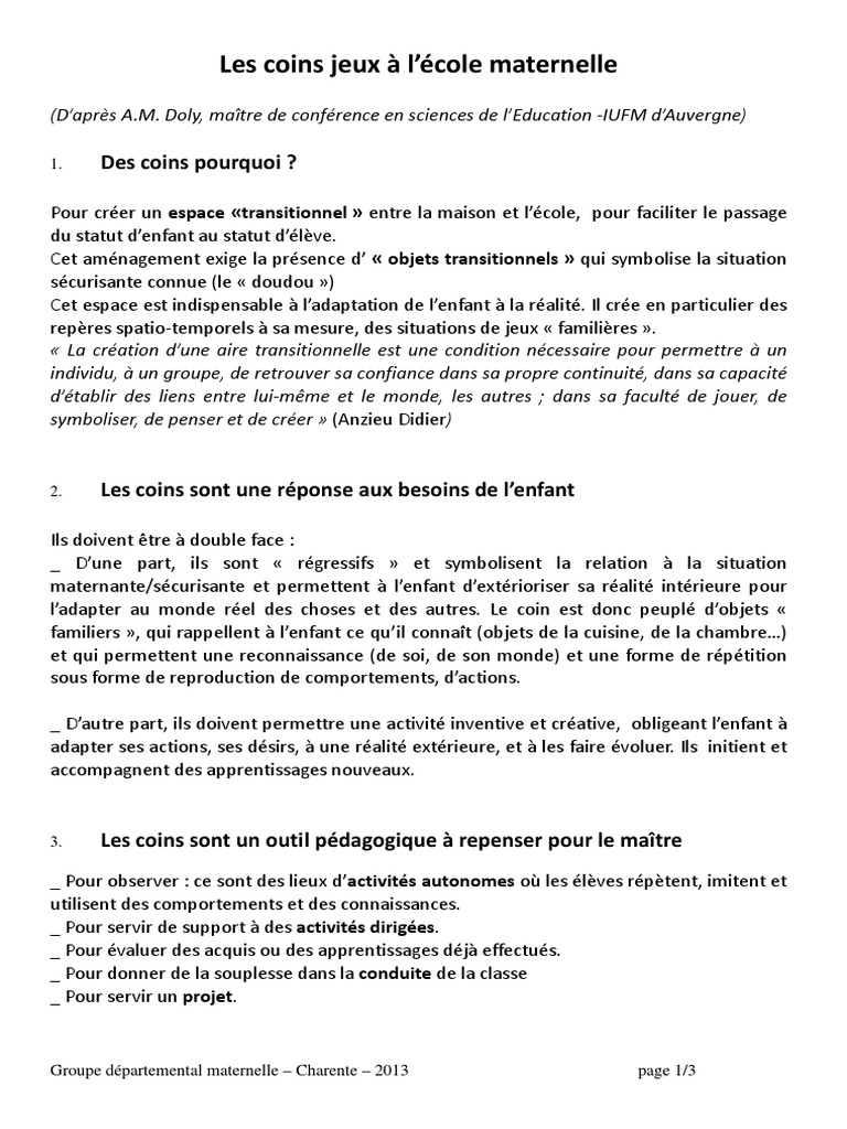 Coins Jeux Maternelle Groupe Maternelle16 | Download grátis PDF | Pédagogie