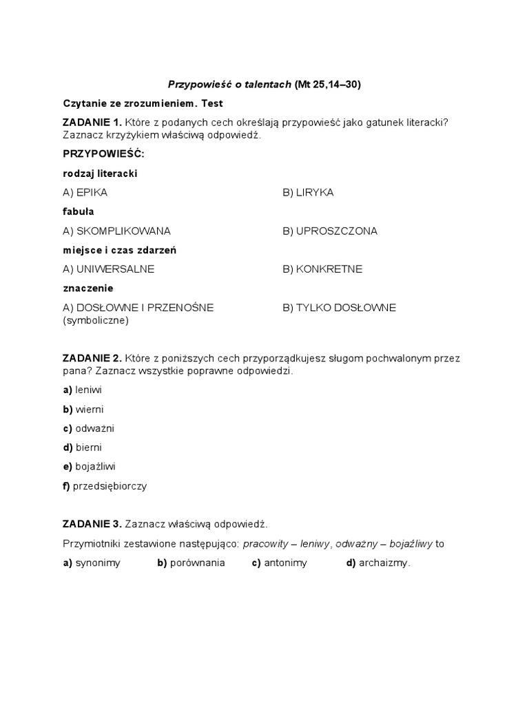 Przypowieść o Talentach Czytanie Ze Zrozumieniem | PDF