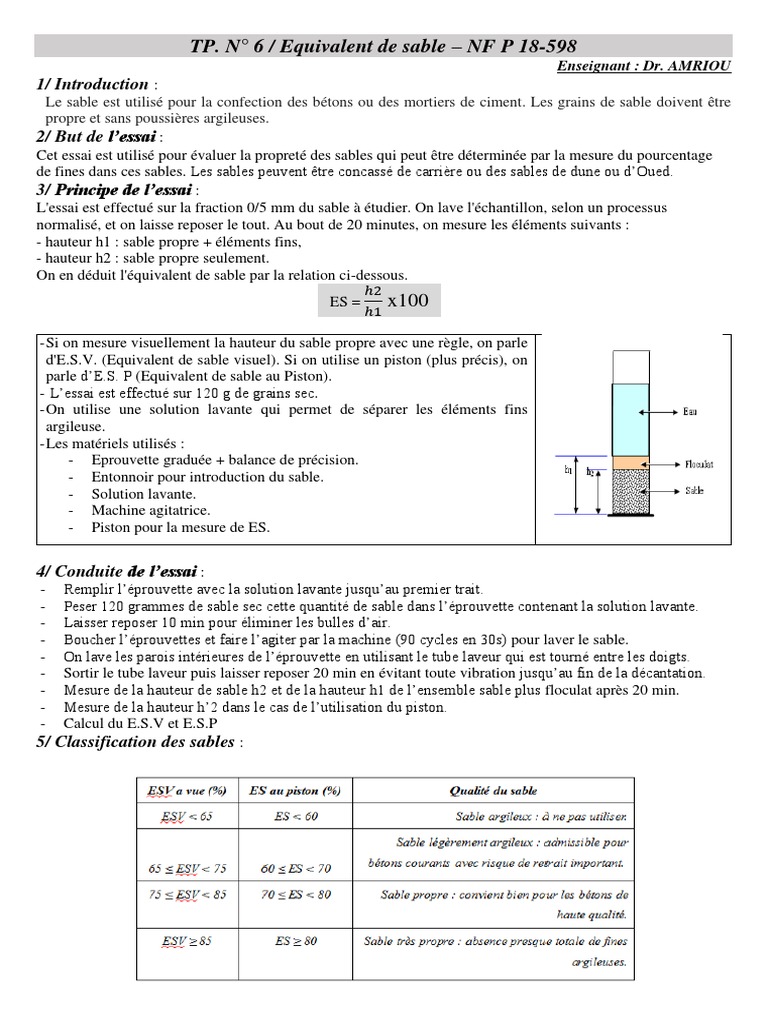 TP. #6 / Equivalent de Sable - NF P 18-598: 1/ Introduction | PDF