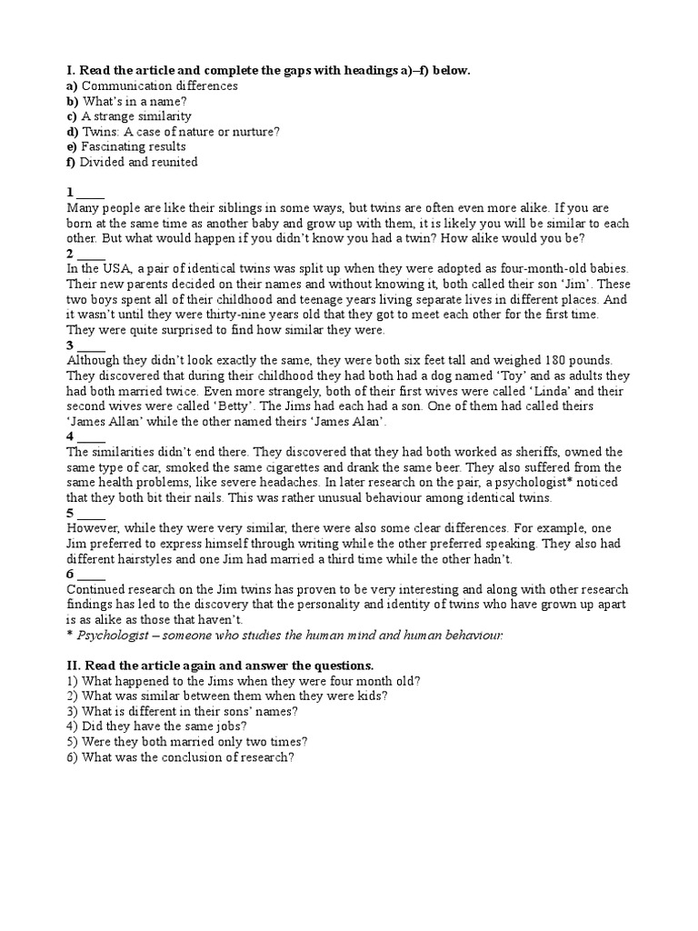 Text Identical Twins With Tasks | PDF | Behavioural Sciences | Psychology