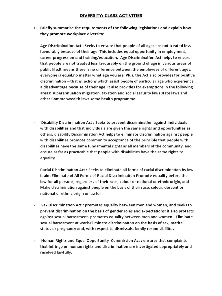 BSBDIV501 in Class Activity Class Activity | PDF | Discrimination ...