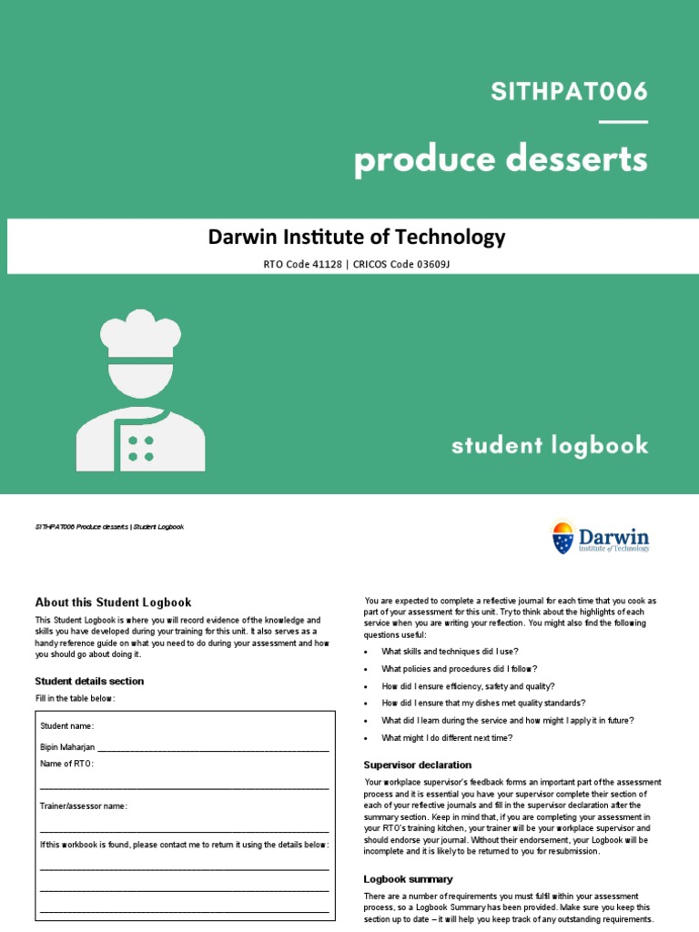Darwin Institute of Technology Student Logbook | PDF | Desserts | Custard