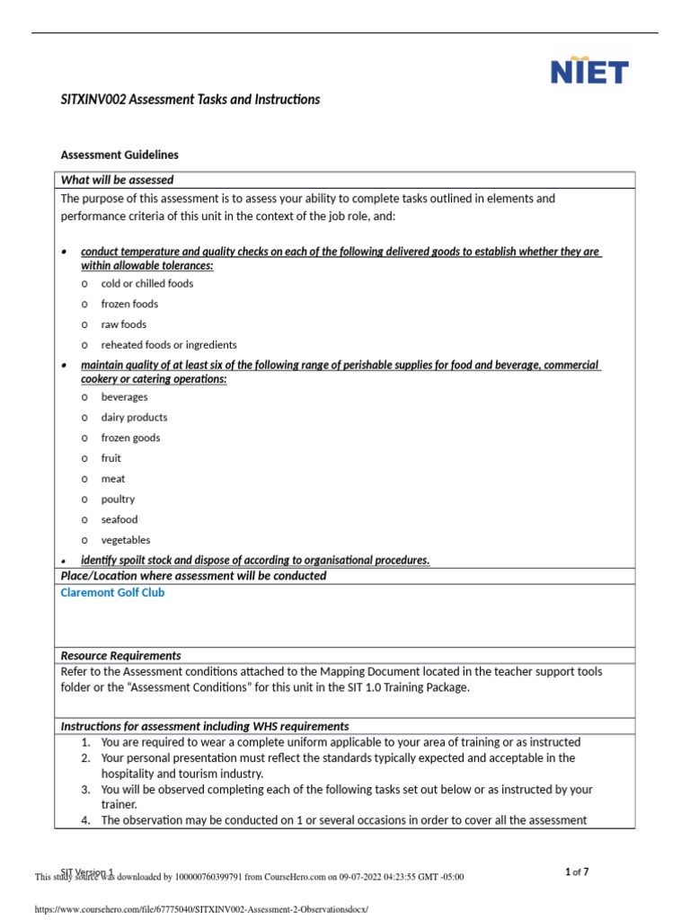 SITXINV002 Assessment 2 Observations | PDF | Foods | Food Safety