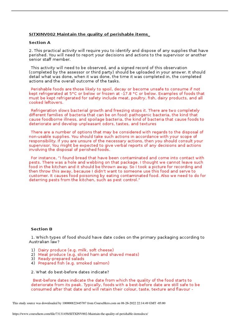 SITXINV002 Maintain The Quality of Perishable Items | PDF | Foods ...