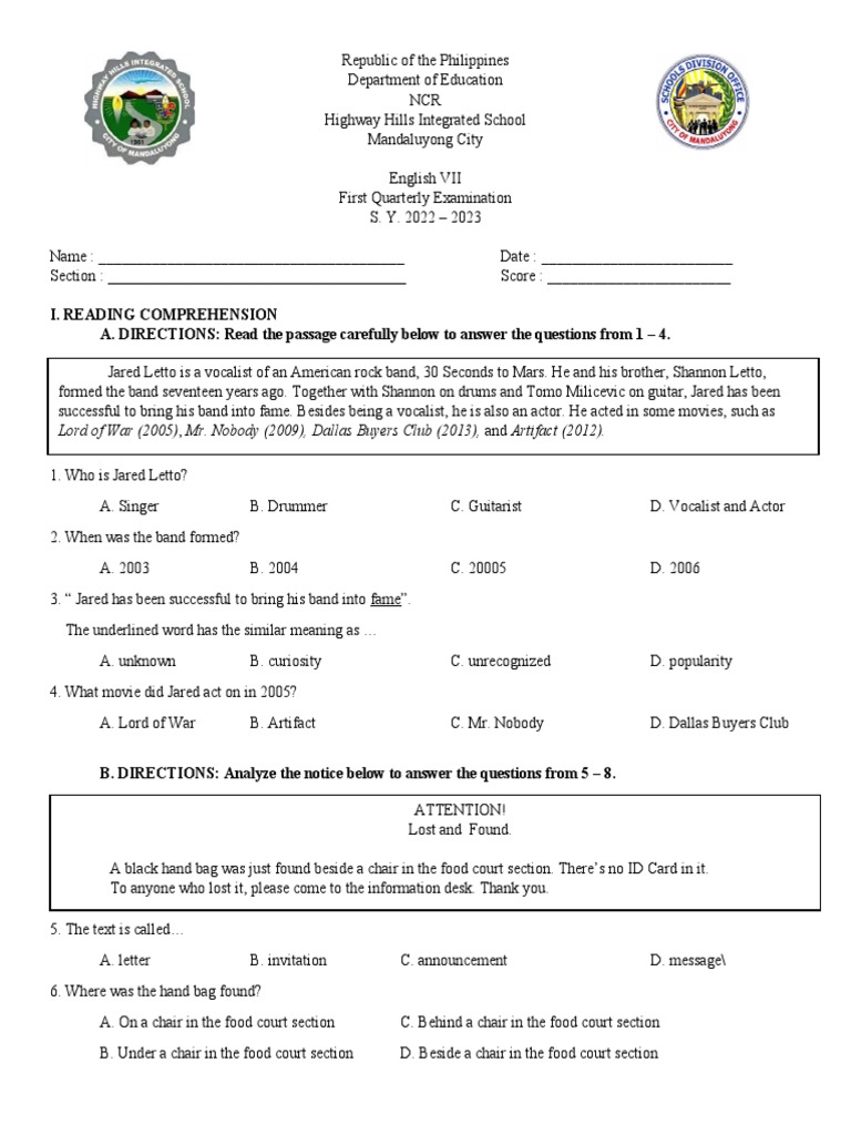 1st Quarter Test | PDF