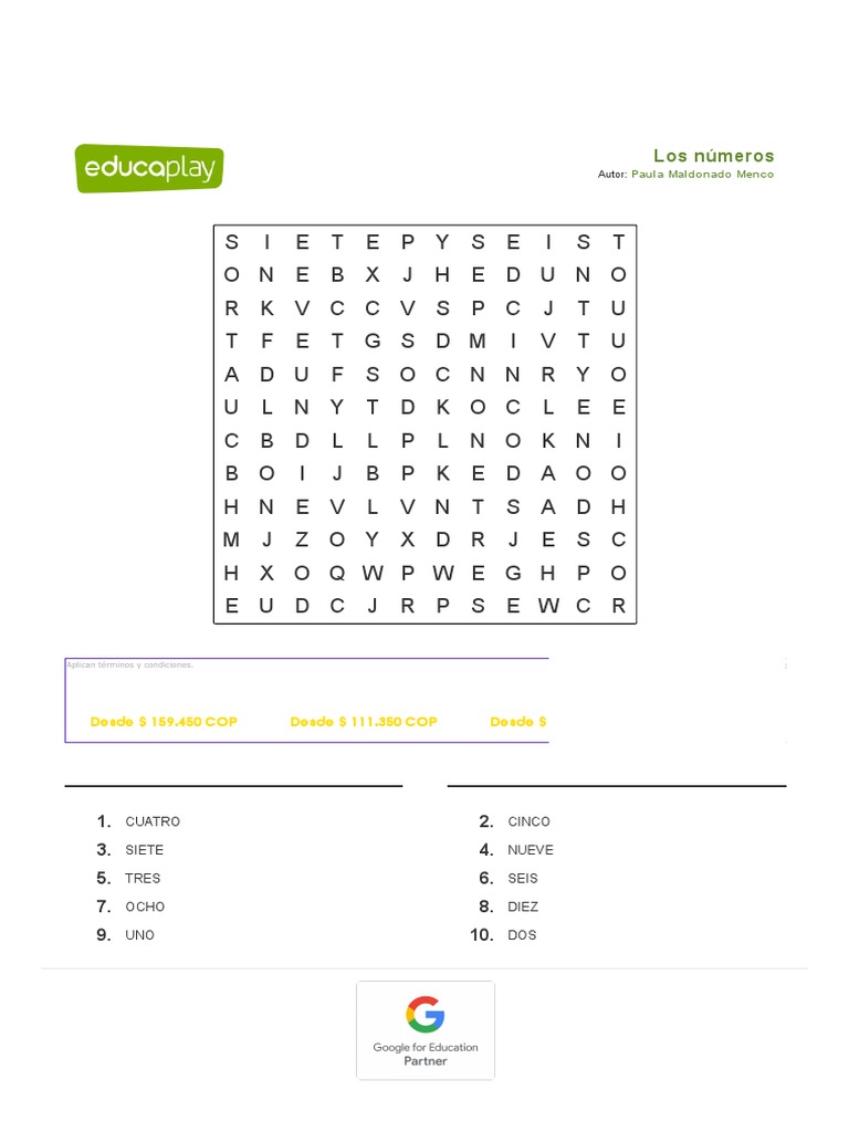 Imprimir Sopa de Letras - Los Números (Matemáticas - Transición - Preescolar - Numeros) | PDF