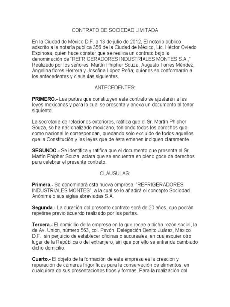 Contrato de Sociedad Anónima | PDF | Compartir (Finanzas) | Sociedad de responsabilidad limitada