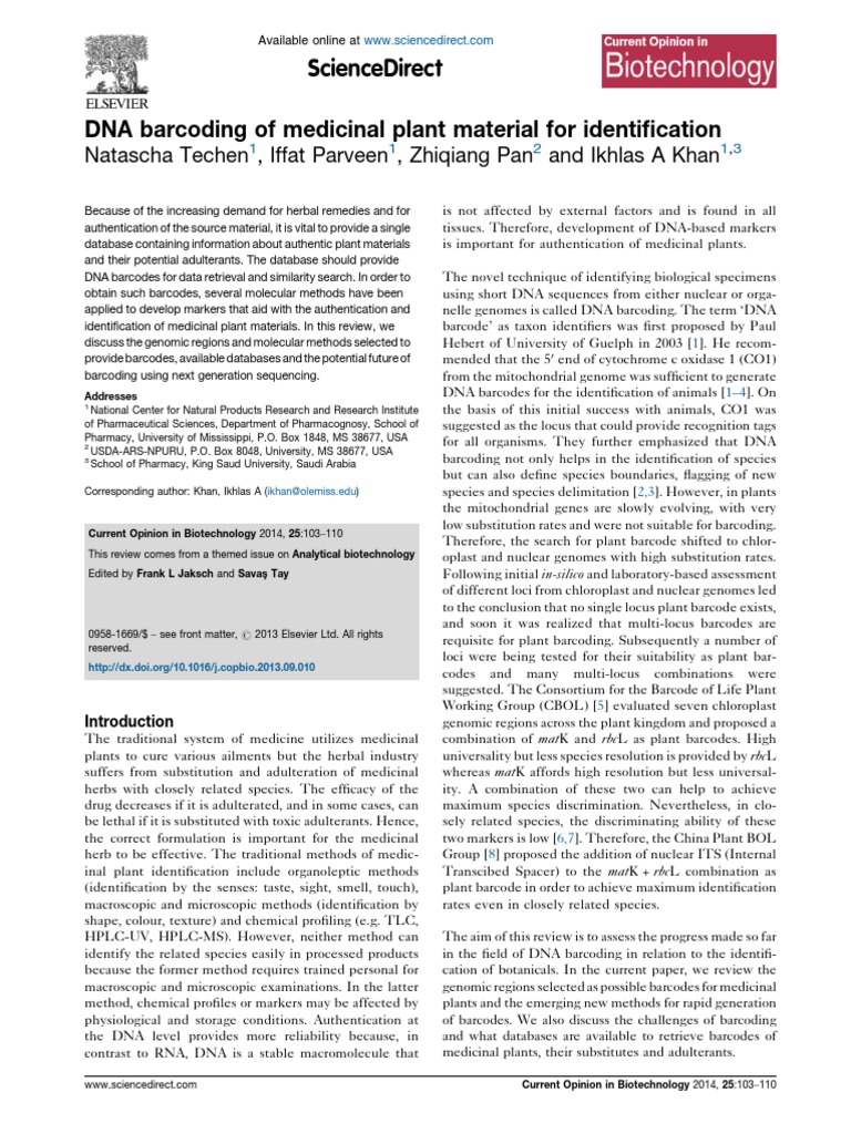 DNA Barcoding of Medicinal Plant Material For Identification | PDF | Dna Sequencing | Transcriptome