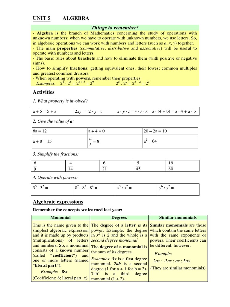 Unit 5 Algebra | PDF | Polynomial | Subtraction