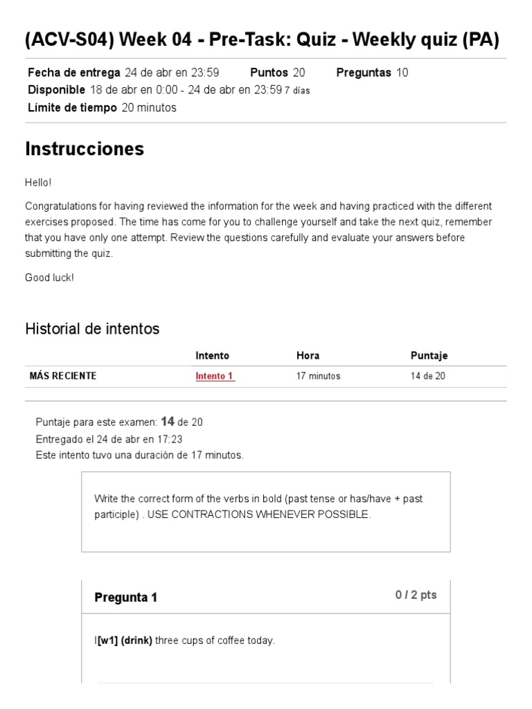 (ACV-S04) Week 04 - Pre-Task - Quiz - Weekly Quiz (PA) - INGLES IV (37276) | PDF