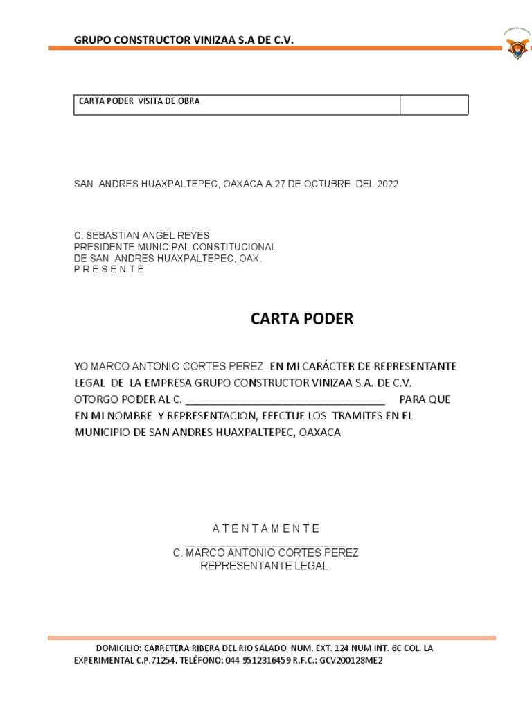 Carta Poder Visita de Obra Viniza | PDF