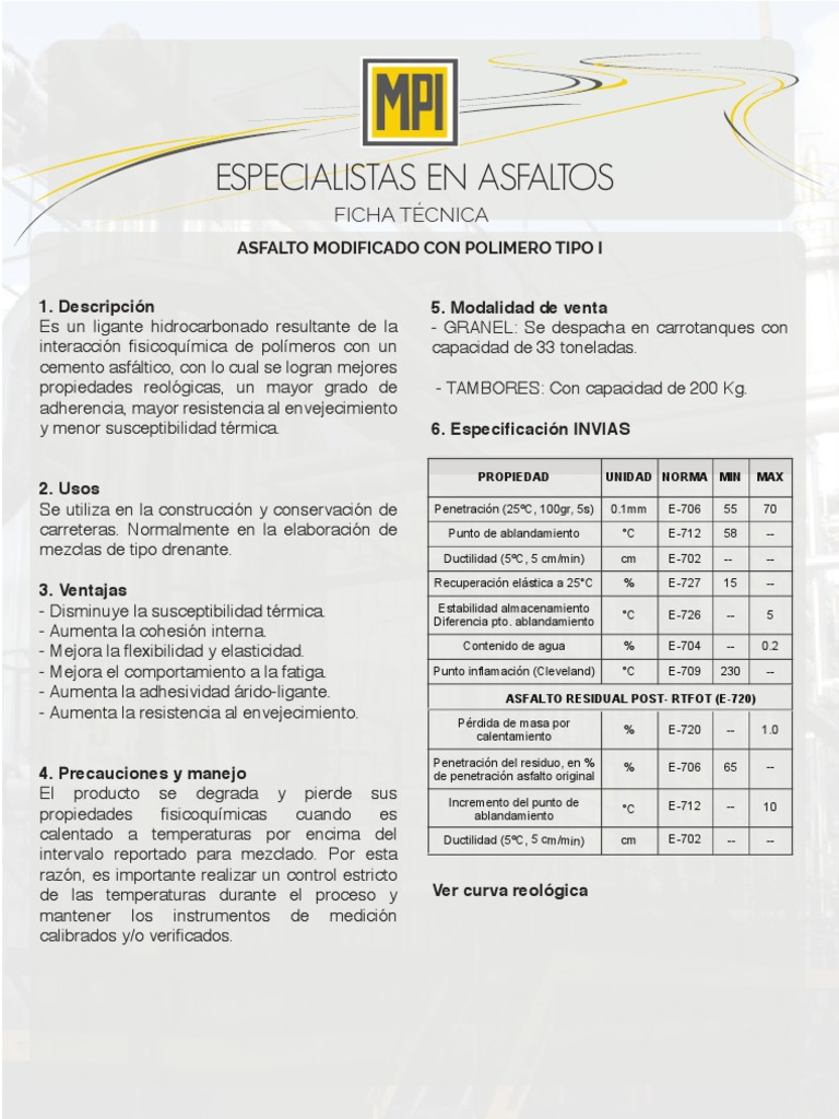 Asfalto Modificado con Polímeros Tipo I | PDF | Materiales | Química