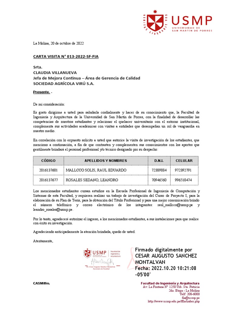 CARTA DE VISITA #013-2022-SF-FIA - Raúl Mallcco Solis | PDF