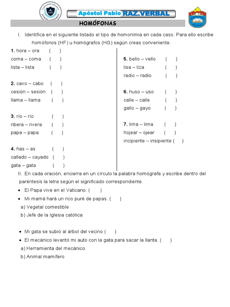 Ejercicios de Homónimos y Homógrafos | PDF
