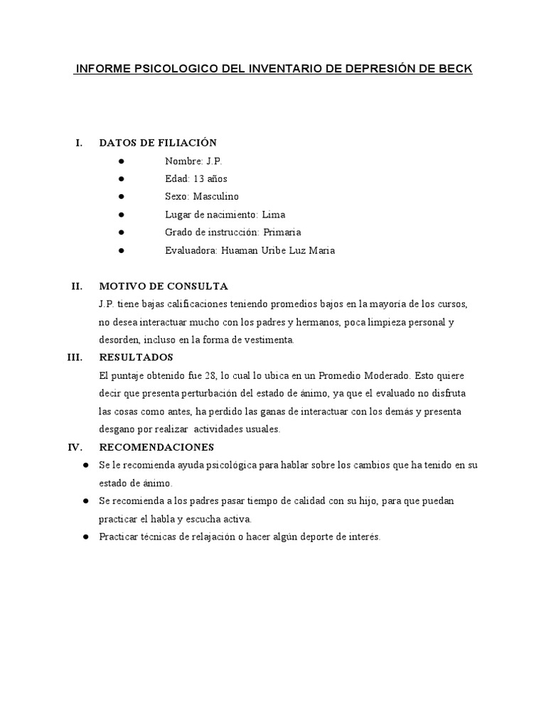 Informe Test de Beck | PDF