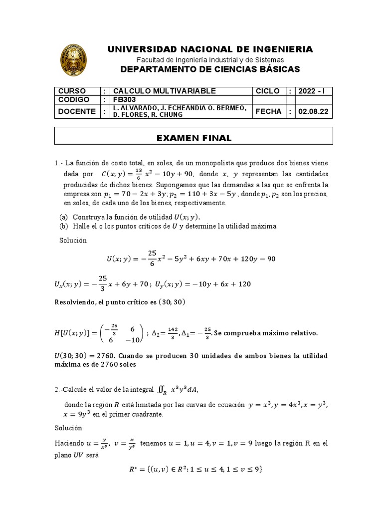 Solucionario Ef De Fb303 2022 1 Pdf Integral Conceptos Matemáticos