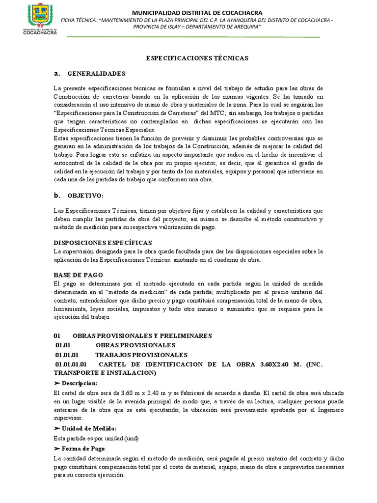 Especificaciones Tecnicas | PDF | Hormigón | Cemento